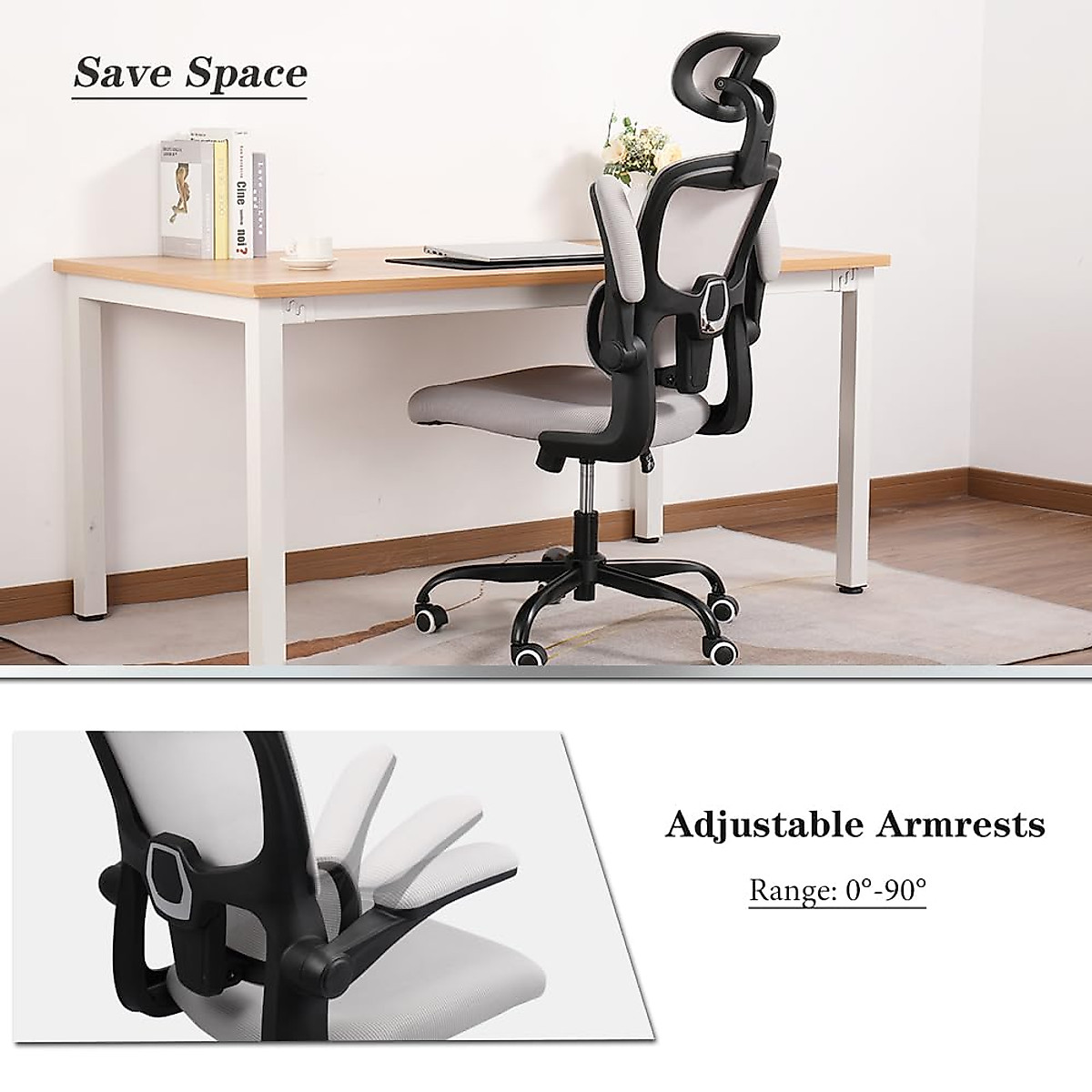 Ergonomic Office Chair Mesh Desk Chair Lumbar and Back Support Computer Chair with Adjustable Headrest Pillow 360 Swivel Casters and Flip-up Armrests for Home Office (Gray)