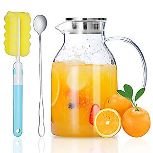 Vekonn Glass Pitcher with Lid, Glass Water Pitcher with Lid and Spout, 68 Ounces Heat Resistant Borosilicate Glass Carafe with Brush and Mixing Spoon, Temperature Safe