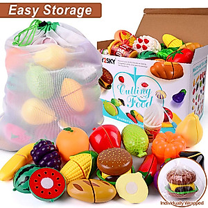 FLY2SKY 60 Pcs Play Food Toys for Kids Kitchen Pretend Play Accessories Cutting Toys Fruits Food Cake Play Set Christmas Birthday Gifts for Girls Boys Toddlers Learning Toys with Storage Bag