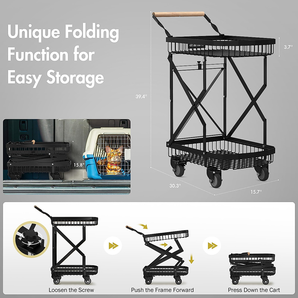 Gurblofy Bar Cart, Foldable Serving Cart for Home, Bar Cart with Wheels, Black Bar Cart with Glass Holder and Wine Rack, Indoor & Outdoor Kitchen, Dining Room, Patio, Party Cart, GBBC-B