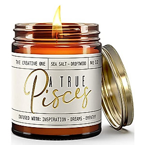 Pisces Gifts for Women, Zodiac Gifts - A True Pisces Soy Zodiac Candle, w/ Sea Salt & Driftwood I Astrology Gifts for Women I 9oz Reusable Amber Glass Jar, 50 Hr Burn Time, Made in USA