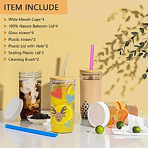4 Pack Glass Cups Set - 24oz Mason Jar with Bamboo Lids and Glass Straw & 2 Airtight Lids - Cute Boba Drinking Glasses, Reusable Travel Tumbler Bottle for Iced Coffee, Smoothie, Bubble Tea, gift