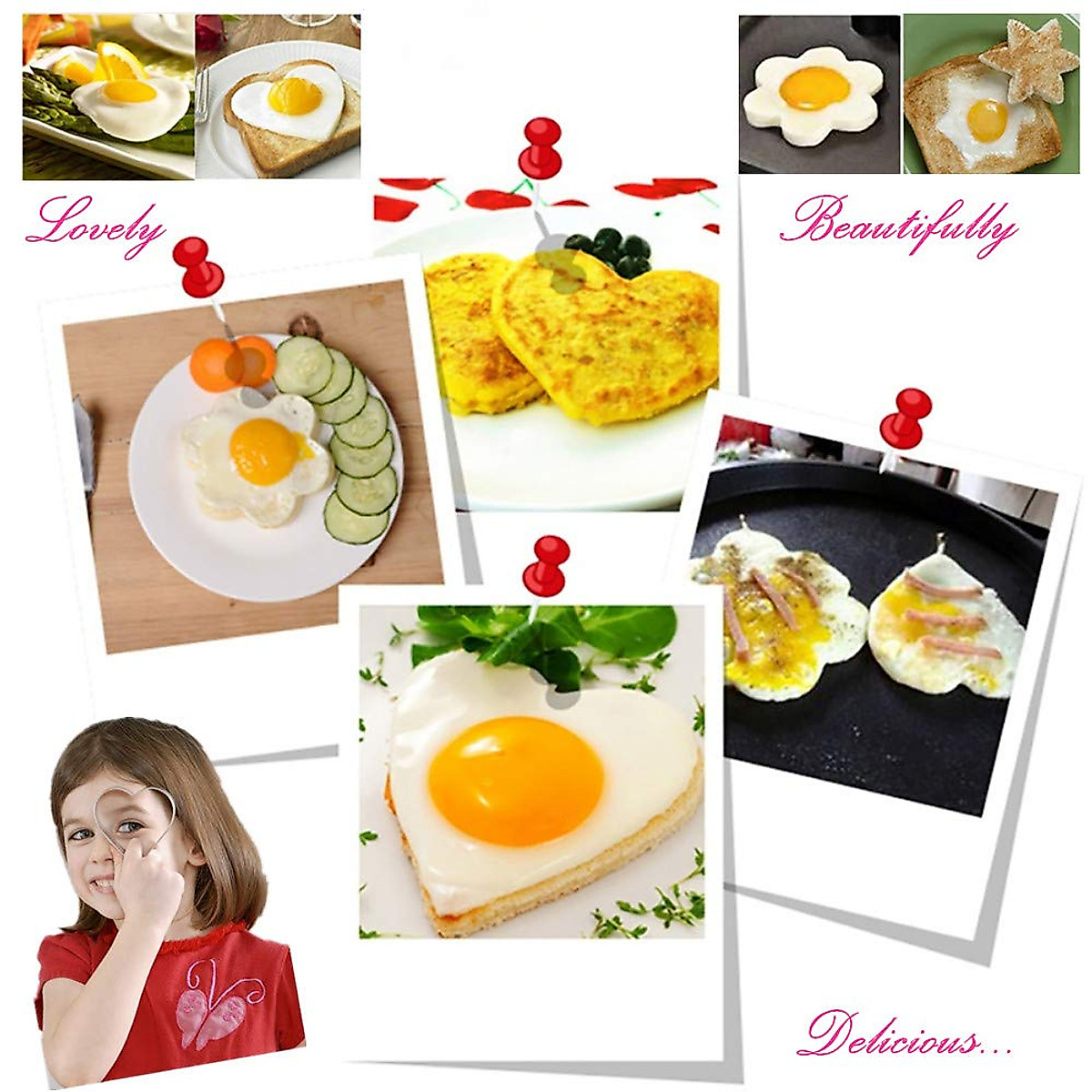 5 Egg Rings Set, Pancake Molds Food-Grade Silicone for Breakfast Fried Eggs, Homemade Omelets, Frittatas & Crumpets – Flippy Cooking Forms Muffin Shapes - Heart, Flower, Bear, Butterfly, Circle