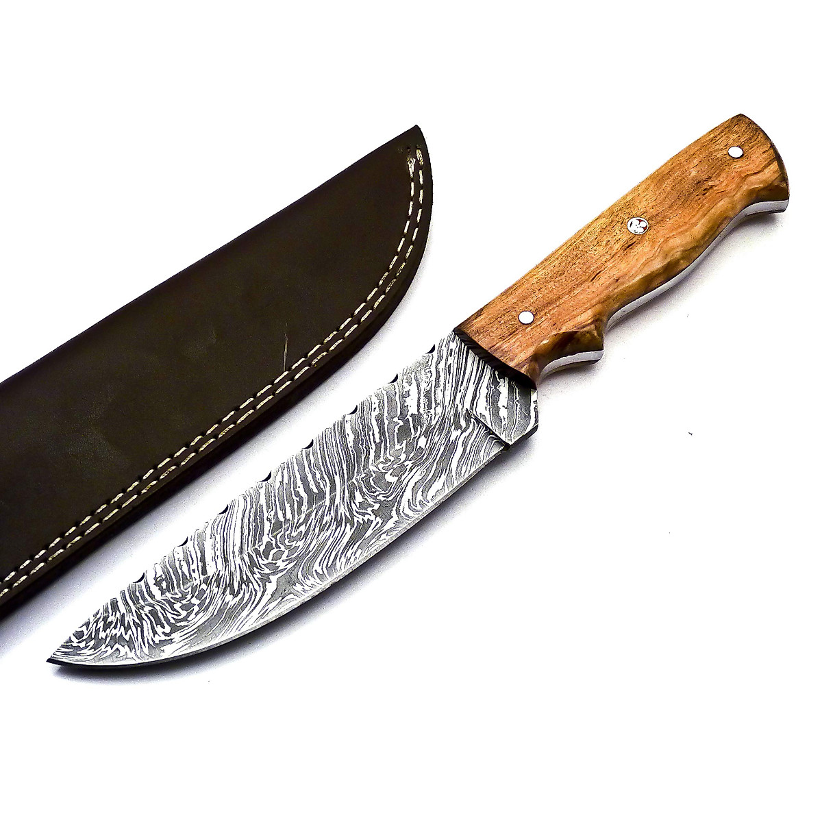 Nooraki REG-48 Hunting/Skinner Damascus Steel Handmade Knife 11 Inches Full Tang with Leather Sheath, Olive Wood