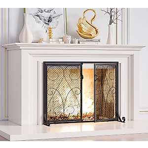 Kingson 2-Panel Fireplace Screen with Doors Handcrafted Wrought Iron Decorative Mesh, Symmetric Scroll Fire Spark Guard-Black