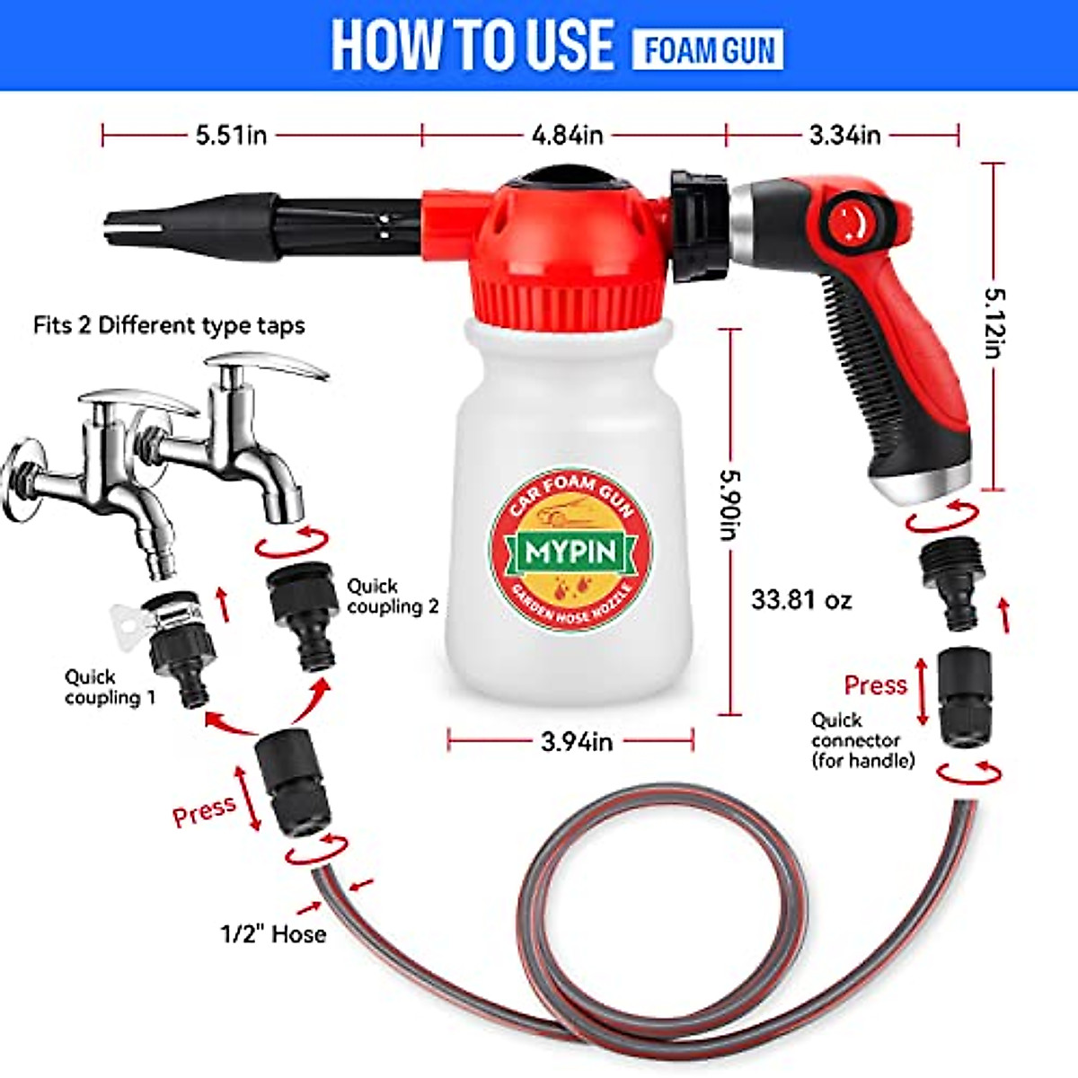 New Rotary Dial 16 IN 1 Car Wash Foam Gun,Foam Cannon, Adjustable Hose Wash Sprayer with 2.5-6 Bars Foam Blaster, with Nozzles,Wash Mitten &Towel,for Car Cleaning& Garden Use with 1/2” Quick Connector