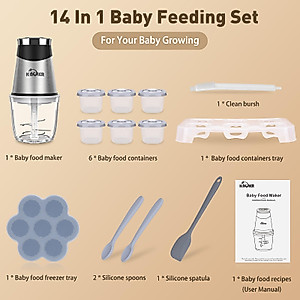 KNOIER Baby Food Maker, 14 in 1 Set for Baby Food, Fruits, Meat, Mini Baby Food Processors with Containers/Food Chopper with 6 Bi-Level Blades, Baby Essentials Gift Set with Baby Food Feeder