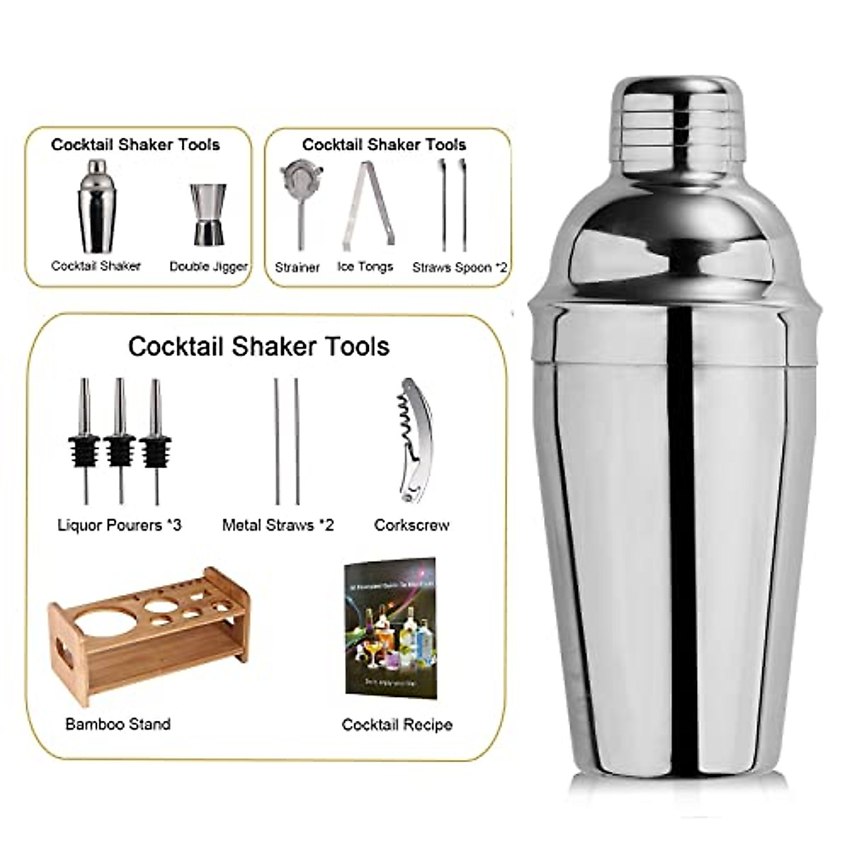 ProCattle 13 Piece Cocktail Shaker Set with Bamboo Stand, Stainless Steel Mixology Bartender Kit and Recipes, Bar Tools Set, Gifts for Men Dad Grandpa, Home Party, Bar Party, Travel - 25 OZ (750ml)