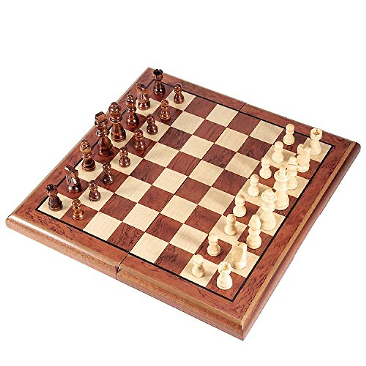 AMEROUS 15'' Magnetic Wooden Chess Set -Folding Board -2 Extra Queens -Chessmen Storage Slots -Gift Package, Travel Chess Board Game Sets for Kids and Adults