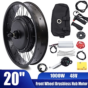 RIAHNEAH E-Bicycle Conversion Kit, 48V 1000W 20" Front Wheel Electric Bicycle Conversion Kit, Electric Bicycle Brushless Gearless Hub Motor Kit 48km/h High Speed Motor Wheel Kit