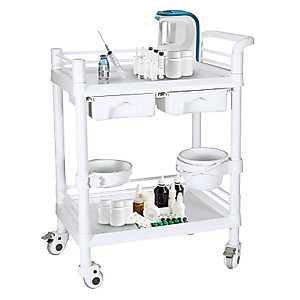 2 Tier Medical Beauty Cart, Heavy Duty Salon Trolley with 360° Swivel Wheels and Dirt Bucket Drawer Storage Organizer for Hospital Dental Clinic Spa Esthetician