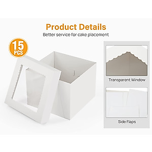 Kootek 15pcs Cake Boxes, 10x10x8 Inches Tall Cake Box with Window, White Bakery Boxes, Large Baking Boxes, Square Cardboard Cake Box for Multi-Layer Cakes, Cake Decorating Supplies for Gift Giving