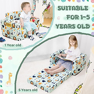 Pipoobear Kids Sofa, Comfy 2-in-1 Toddler Couch Fold Out, Convertible Sofa to Toddler Lounge Chair for Boys and Girls (Animal, Green)