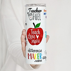 YouNique Designs Teacher Appreciation Coffee Tumbler with Straw and Lid, 20 Oz, Insulated Stainless Steel Skinny Tumbler for Women, Best Teacher Ever Tea Tumbler, Water Tumbler
