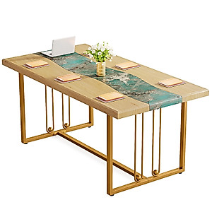 Tribesigns 63 Inches Conference Table with Amazonian Green Faux Marble & Light Brown Finish, Modern 5FT Meeting Tables with Stylish Metal Legs, Rectangular Business Seminar Training Table