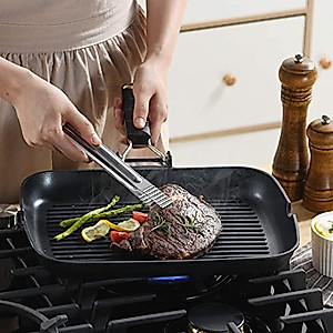 S·KITCHN Grill Pan with Folding Handle, Nonstick Grill Pan for Stove Tops, Induction Compatible KBBQ Grill Pan with Pour Spouts, Indoor Rectangle BBQ Grilling Pan - 13 × 9IN