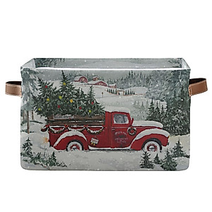 ALAZA Red Christmas Truck Snow Winter Storage Basket Rectangle Collapsible Storage Bins with Handles Durable Canvas Toy Basket Organizer Bin for Shelf Closet Bedroom Home Office,Pack 1