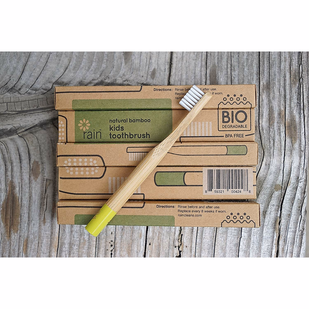 Rain Natural Bamboo Kids Toothbrush Set Fluoride-Free Baby Toothpaste Safe to Swallow with Vitamin C for 6 to 12 Months Up Infant Toddler Toothbrush BPA-Free Biodegradable (1 Toothbrush 1 Toothpaste)