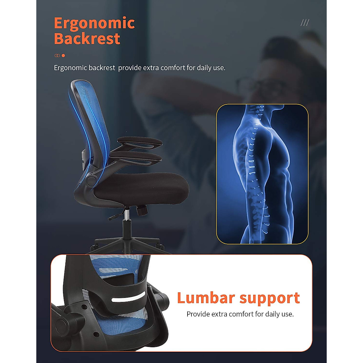 Home Office Chair Ergonomic Desk Chair Mesh Computer Chair with Lumbar Support Flip-up Arms Swivel Rolling Executive Task Chair Adjustable Chair for Adults(Blue)