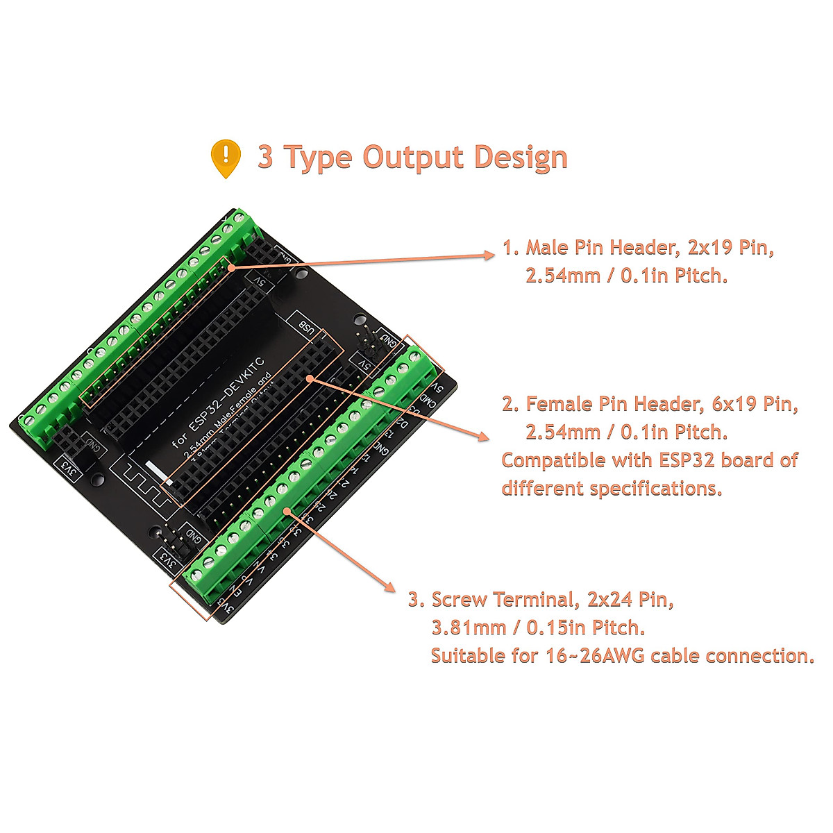 for ESP32 Super Breakout Board 3.81mm / 0.15" Terminal Blocks GPIO Expansion Board 3 Types Output for ESP32 Module ESP-WROOM-32 ESP32-DevKitC