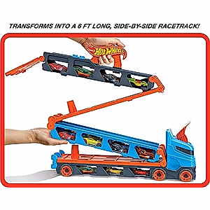 Hot Wheels Speedway Hauler Storage Carrier with 3 1:64 Scale Cars & Convertible 6-Foot Drag Race Track for Kids 4 to 8 Years Old, Stores 20+ Cars, HGH33