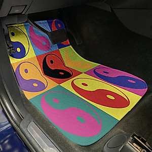 Ambesonne Ying Yang Car Mat Set of 4, Pop Art Design Yin Yang Signs Hippie Style Eastern Peace and Balance Theme, Front & Back Seat Floor Mat Durable PVC Backing Car Accesory, Red Pink Cobalt Blue