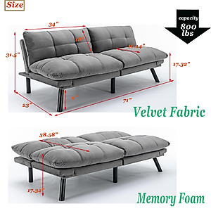 Modern Velvet Futon Couch Bed,Convertible Loveseat Sofa Sleeper with Adjustable Backrests and Folding Armrest for Living Room Bedroom Office Apartment(Light Grey)