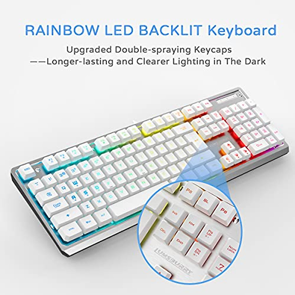 Lumsburry White Gaming Keyboard, Rainbow LED Backlit,19 Anti-ghosting Keys, USB Wired, Metal Panel, Ergonomic 104 Keys, Multimedia Control, Water-Resistant, Full Size, for Windows PC Mac Office Gamer