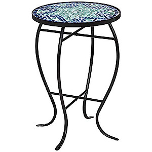 Teal Island Designs Ocean Wave Modern Industrial Black Iron Metal Round Outdoor Accent Side Table 14" Wide Light Green Mosaic Tile Tabletop Gracefully Curved Legs for Porch Patio House Balcony Deck