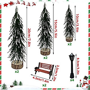 13 Pieces Mini Artificial Christmas Tree Set with Christmas Village Houses 4 Pieces Xmas Street Lamp Post and 2 Pieces Miniature Park Bench Seat for Christmas Table Top Decor