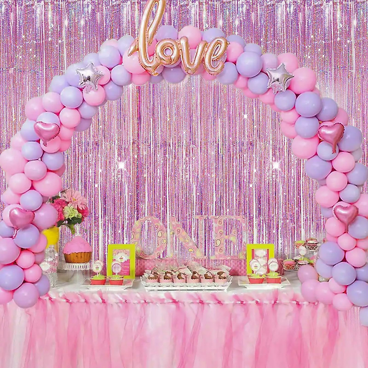 Anwyll Pink Metallic Foil Fringe Backdrop Curtains,2Pack Tinsel Curtain Party Streamers Photo Backdrop for Birthday Decoration,Glitter Pink Backdrop for Wedding Graduation Bachelor Party Decorations