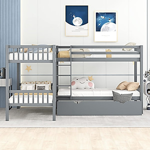 MERITLINE Quad Bunk Beds with Storage,4 Twin Bunk Bed for Kids, Solid Wood L Shaped Bunk Bed 4 Bed Bunk Beds for Kids,Teens, Adults,Grey