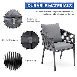 SUNSITT Patio Dining Chairs Set of 2, Outdoor Aluminum Dining Chairs with Woven Rope, All-Weather Patio Arm Chairs w/Cushions, Porch, Garden and Deck, Dary Grey