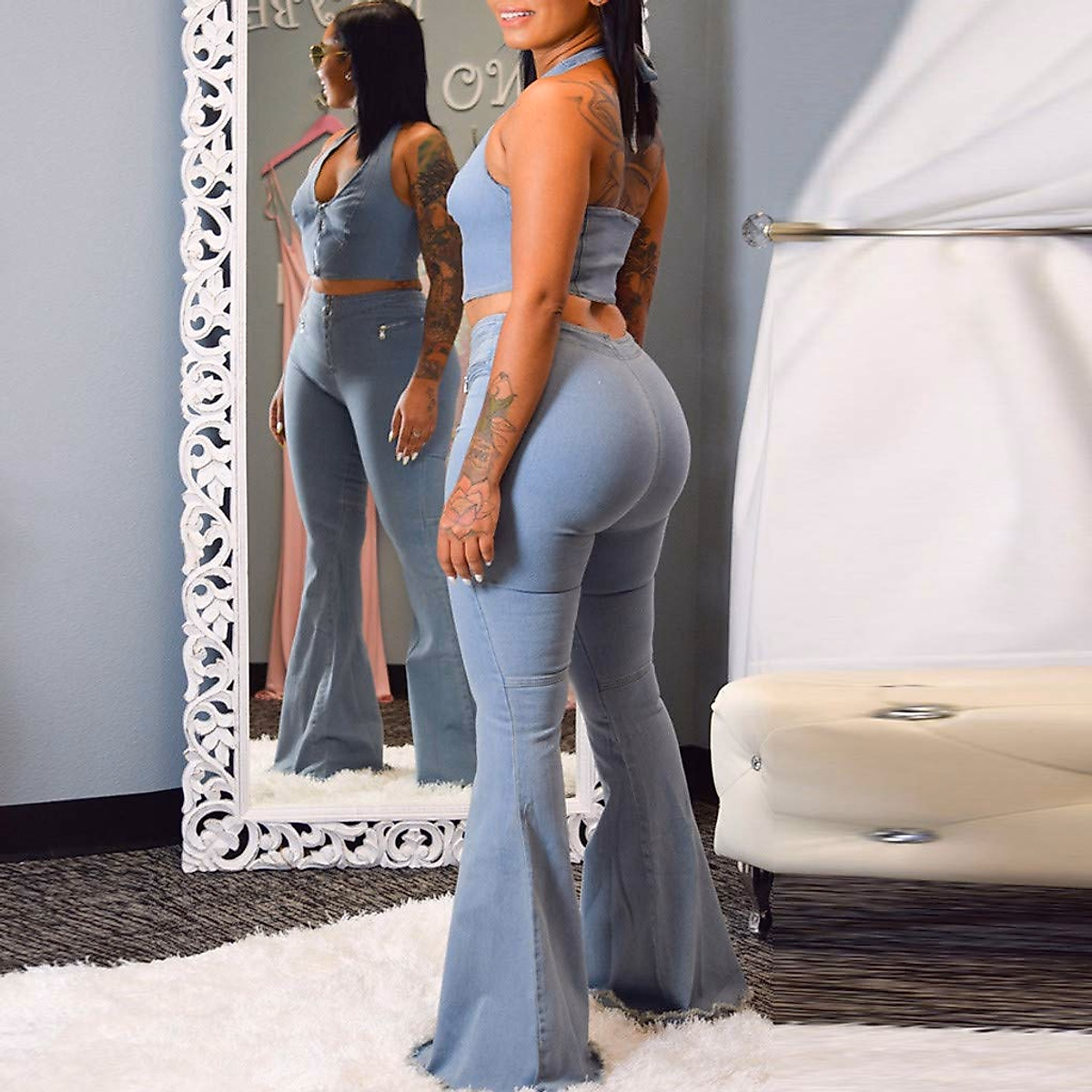 SERYU Tracksuit Womens Button Zipper Pocket Jeans Casual Denim Flares Sexy Set Tops Pants Suit