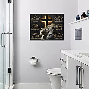 Lion Motivational Canvas Wall Art Christian Cross Lion Wall Decor Jesus Lion of Judah Pictures Prints Inspirational Scripture Gifts Home Framed Artwork for Living Room Bedroom Bathroom 16"x12"