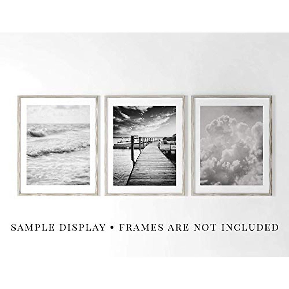 LISA RUSSO FINE ART Black and White Wall Art Set of 3 5x7” Prints, Unframed, Black and White Minimalist Ocean, Clouds, Nautical Pictures for Office, Bedroom, Bathroom Walls