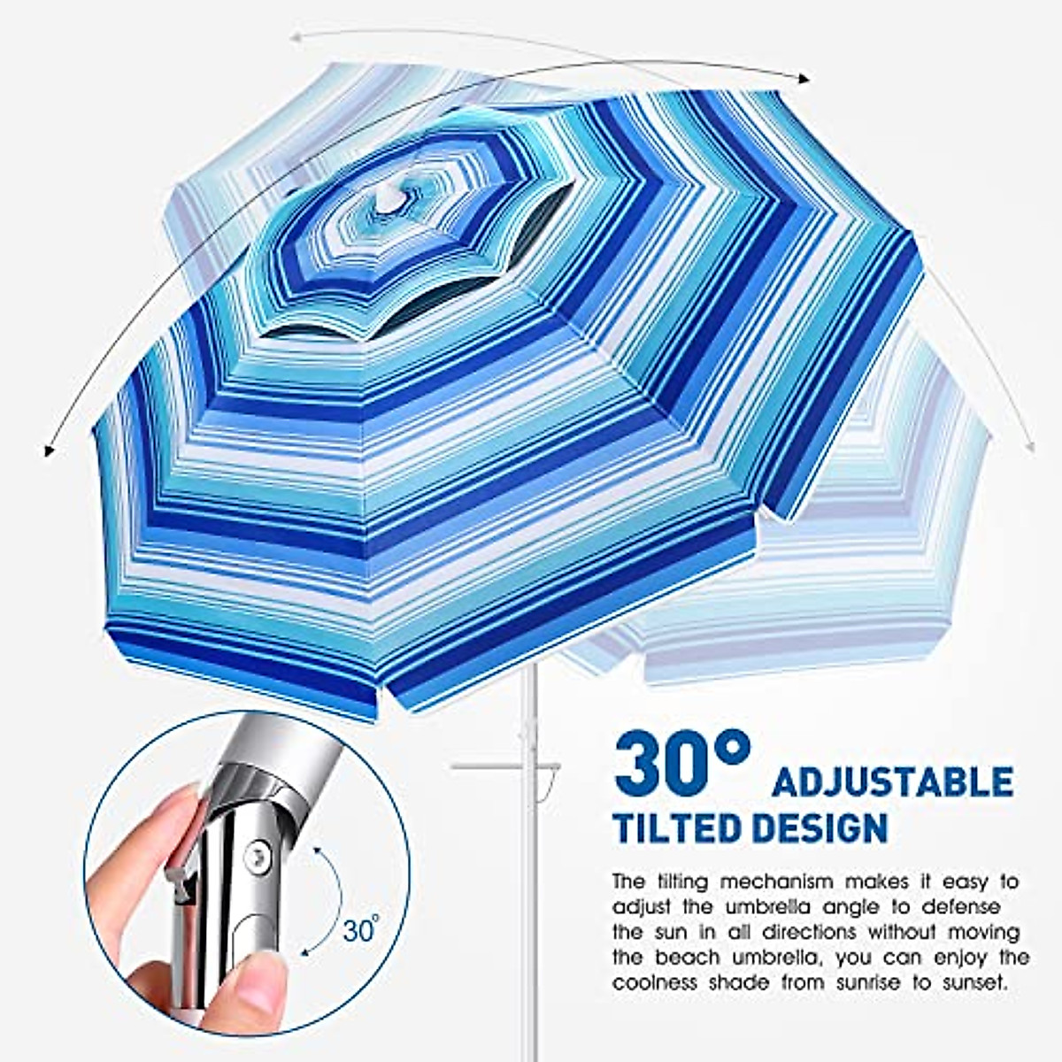 Beach Umbrella for Sand Wind Portable: 7FT Arc Length 6.5FT Diameter Heavy Duty Wind Resistant Striped Large Umbrellas UV 50+ Parasol with Anchor Screw Adjustable Height Tilting Pole 8 Ribs Carry Bag Lightweight