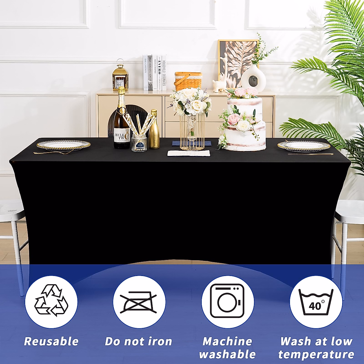 Fixwal 3 Pack Black Table Cloth for 6 Foot Rectangle Tables, Rectangular Tablecloths Stretch Spandex Fitted Table Covers 6 ft for Parties, Trade Shows, Banquet, Weddings, Buffet