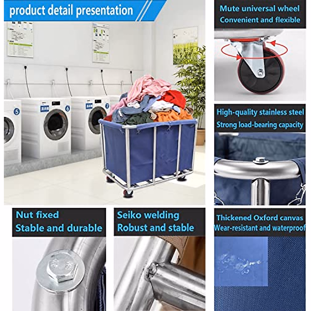 Home Laundry Cart on Wheels 12 Bushel Heavy Duty Canvas Laundry Carts Large Rolling Commercial Laundry Baskets Trucks with Steel Frame and Waterproof Oxford Cloth, 300 Lbs Weight Capacity