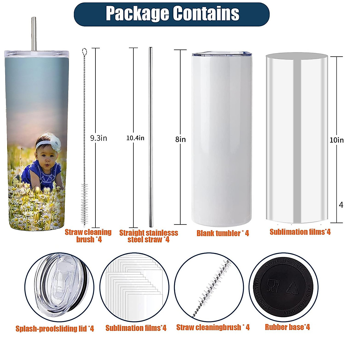 SVZIOOG Sublimation Tumblers bulk 20 oz Skinny,4 Pack Stainless Steel Double Wall Insulated Straight Sublimation Tumbler Cups Blank White with Lid, Individually Box,Polymer Coating for Heat Transfer