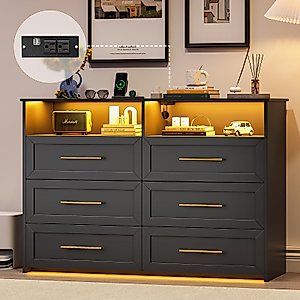 MSmask Black Dresser with LED Lights and Charging Station, Chest of 6 Drawers for Bedroom, Double Dressers with Open Storage, Closet Organizer for Bedroom, Living Room, Entryway