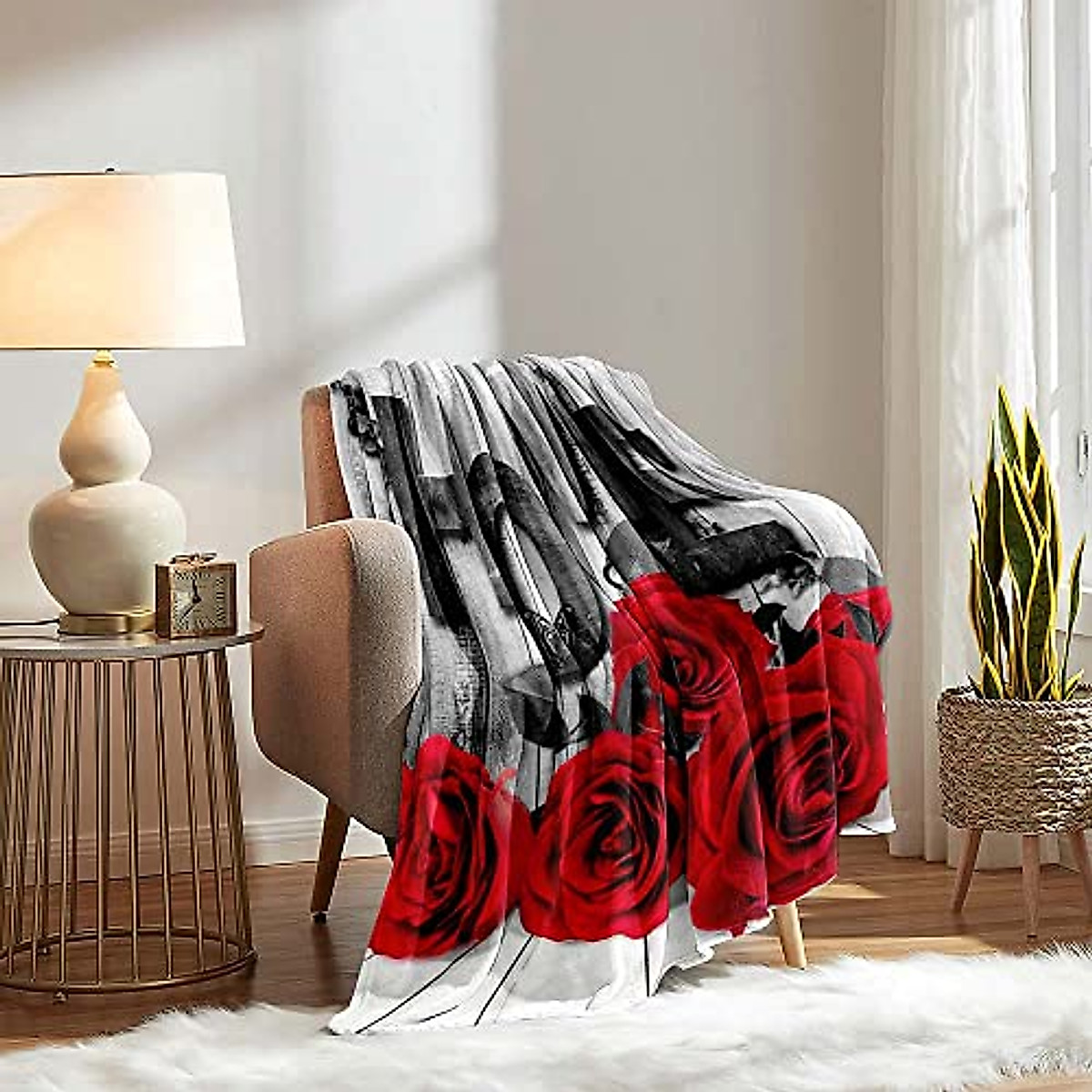 LUVIVIHOME Red Rose Blanket, Rustic Farmhouse Romantic Flower Floral Throw Blanket, Grey Blanket, Cozy Soft Fuzzy Warm Flannel Fleece Blanket for Couch, Sofa, Valentine's Day Gifts for Women, 30"x40"