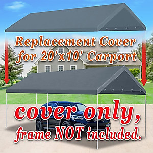 Strong Camel Carport Replacement Canopy Cover 10' x 20' PE Fabric for Tent Car Garage Shelter Top Tarp Cover with Ball Bungees Grey Color (Only Top Cover, Frame is not Included)