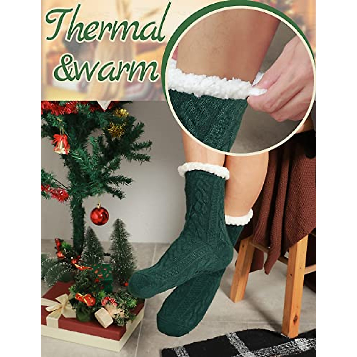 ANTSANG Mens Fuzzy Slipper Socks Fluffy Cozy Cabin Winter Warm Fleece Soft Thick Comfy Anti Slip Christmas Gift Stocking Stuffer for Teen Boys(Green)