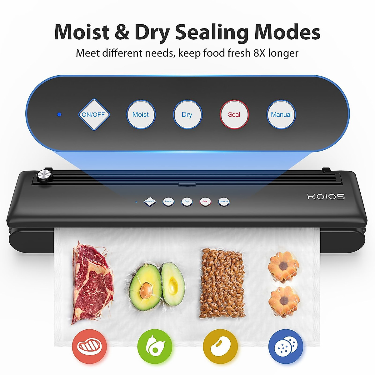 KOIOS Vacuum Sealer Machine, Automatic Food Sealer with Cutter, Dry & Moist Modes, Compact Design Powerful Suction Air Sealing System with 10 Sealing Bags & Air Suction Hose