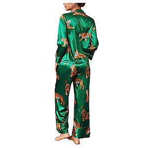 WDIRARA Women's Sleepwear Striped Satin Short Sleeve Shirt and Pants Pajama Set Green Tiger M