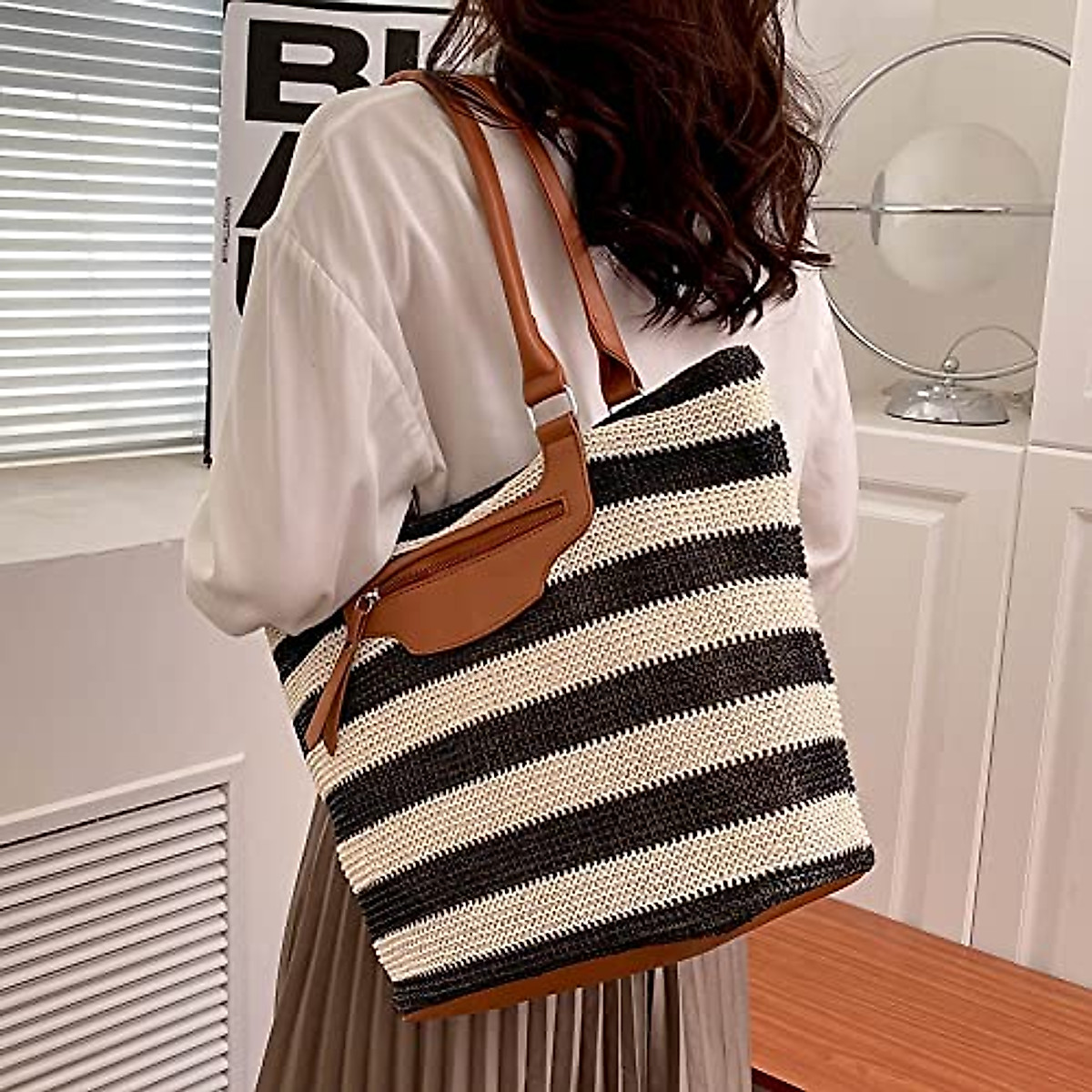 JQWSVE Straw Beach Bags Tote Stripe Bag Large Handwoven Straw Shoulder Bag Purse Boho Straw Handle Tote Retro Summer Handbag