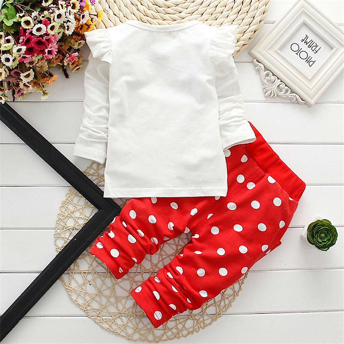Cute Toddler Baby Girls Clothes Set Long Sleeve T-Shirt and Pants Kids 2pcs Outfits(White+Red,2T)