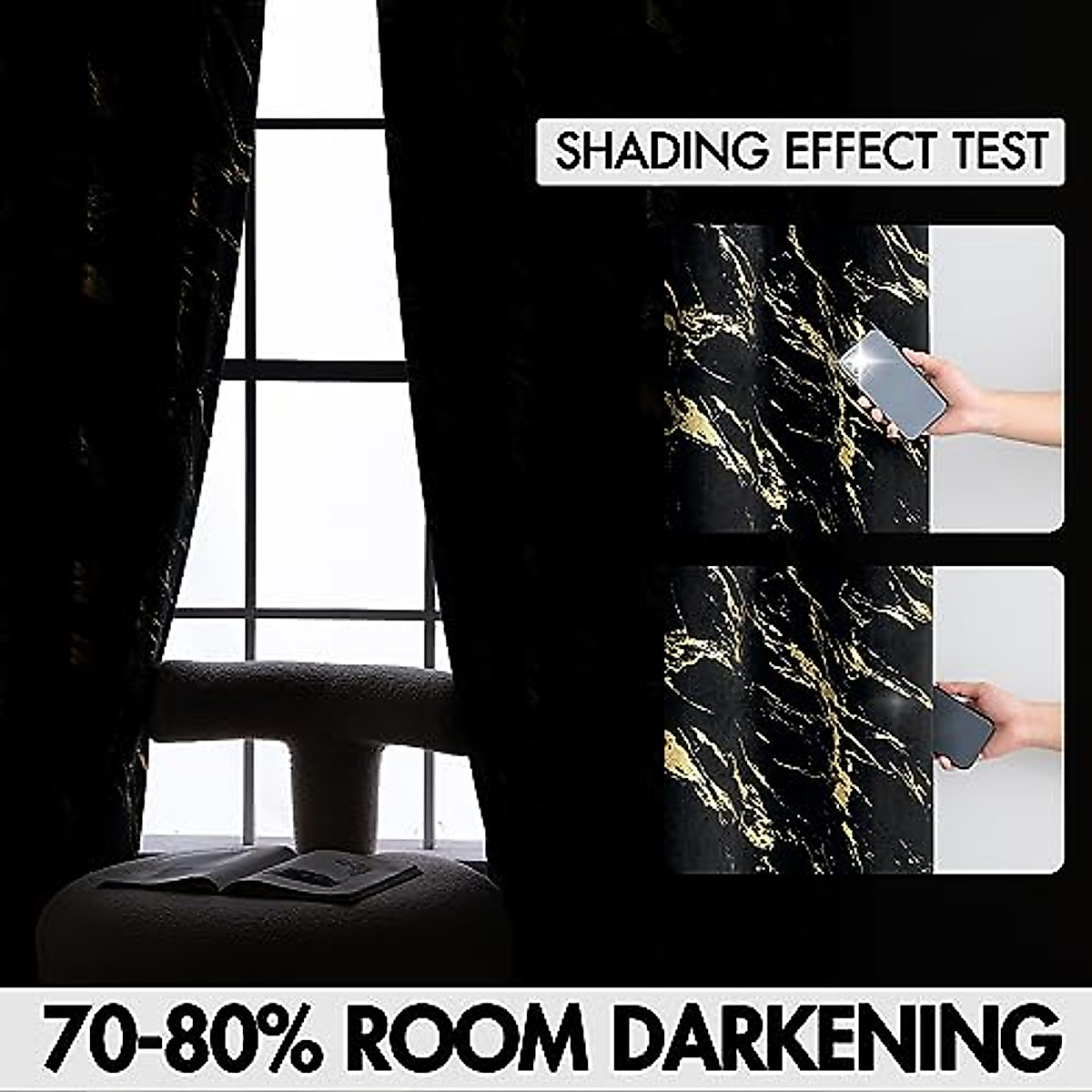 MIULEE Black and Gold Velvet Curtains 84 Inches Long Glitter Metallic Marble Pattern Foil Print Bedroom Living Room Curtains Blackout Room Darkening Thermal Insulated Grommet Window Drapes 2 Panels