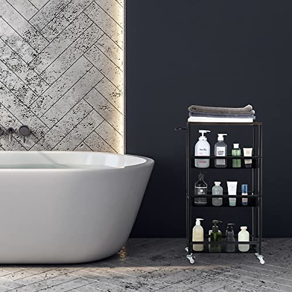 4 Tier Slim Rolling Cart, Narrow Shelf Storage Cart for Small Space, Slide Out Narrow Cart with Wooden Top, Metal Handle and Wire Mesh for Narrow Space on Kitchen, Bathroom, Laundry Room, Black.